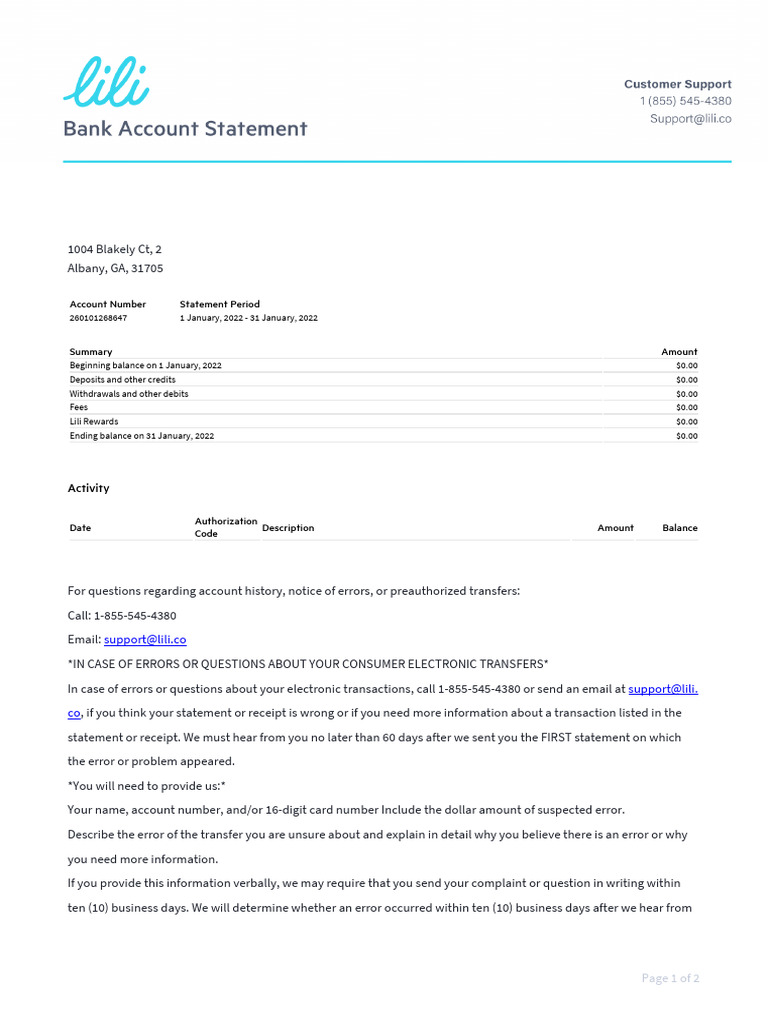 Lili Monthly Statement 2022-01 | PDF | Credit Card | Financial Services