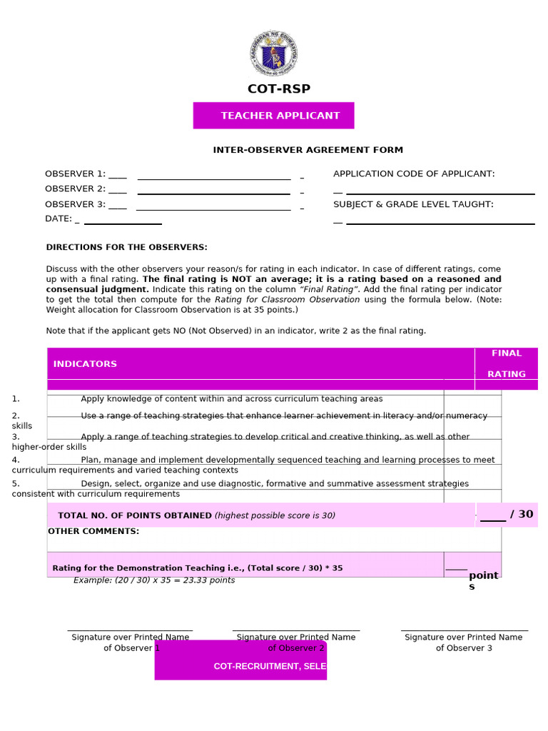 Annex M COT RSP Inter Observer Agreement Form | PDF | Curriculum ...