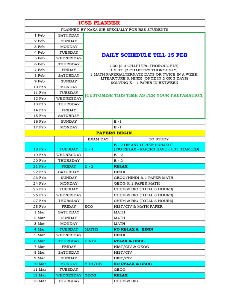 Study Schedule Icse Bss (Science Students) - Sheet1 | PDF