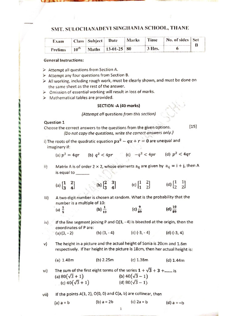 Sulochanadevi Singhania - Maths Prelim Paper - Set B - 13.01.2025 | PDF