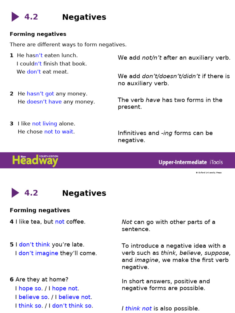 HDW UpperInt Grammar 4.2 Negatives | PDF | Verb | Language Mechanics