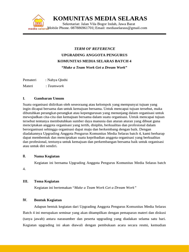 TOR Pembicara Materi Teamwork | PDF