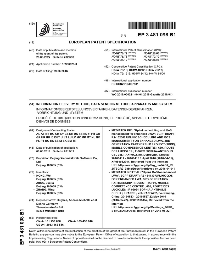 European Patent Specification: Information Delivery Method, Data ...