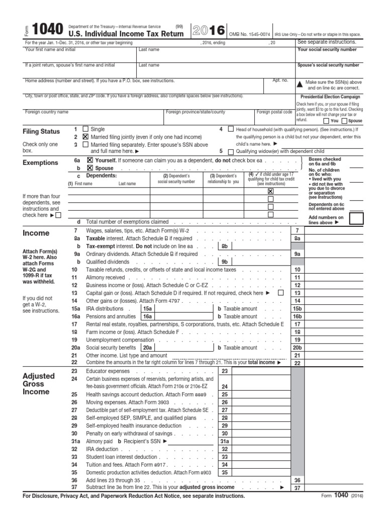 2016 U.S. Individual Tax Return Form | PDF | Tax Refund | Taxation In ...
