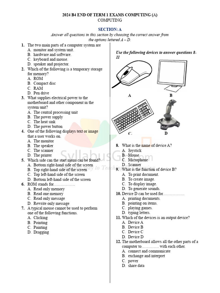 2024 B4 End Of Term 1 Exams Computing (A) | PDF | Graphical User Interfaces | Input/Output