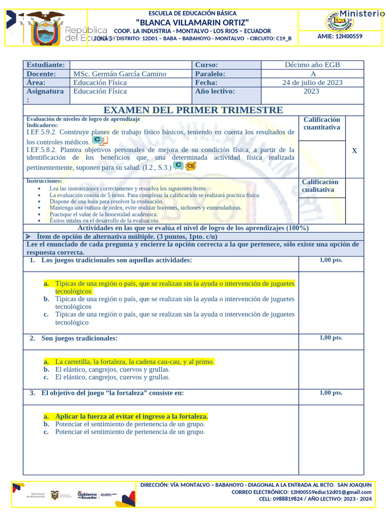 Examen 1er Trimestres Eeff 8vo. Mo Egb. 2023 - 2024 | PDF | Aprendizaje | Cognición