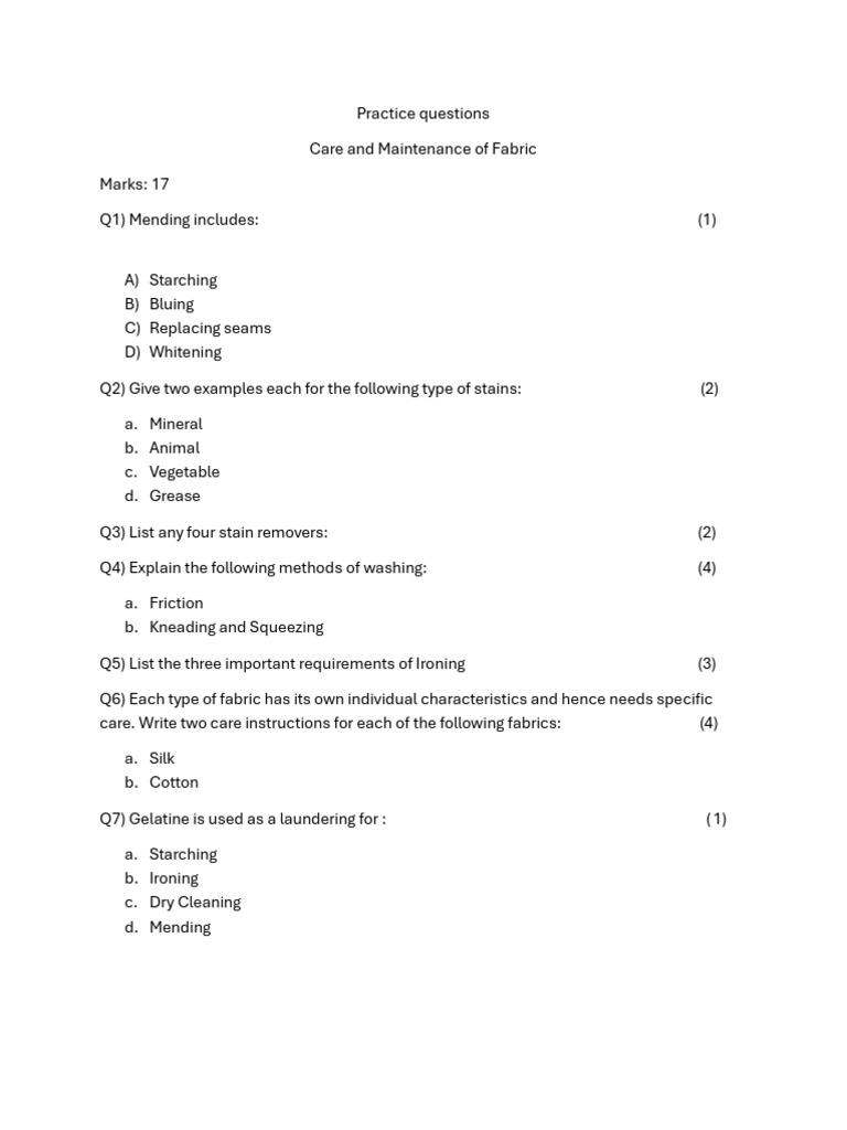 Fabric Care and Maintenance Quiz | PDF