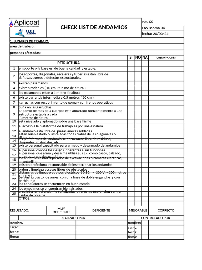 CHECK LIST ANDAMIOS | PDF