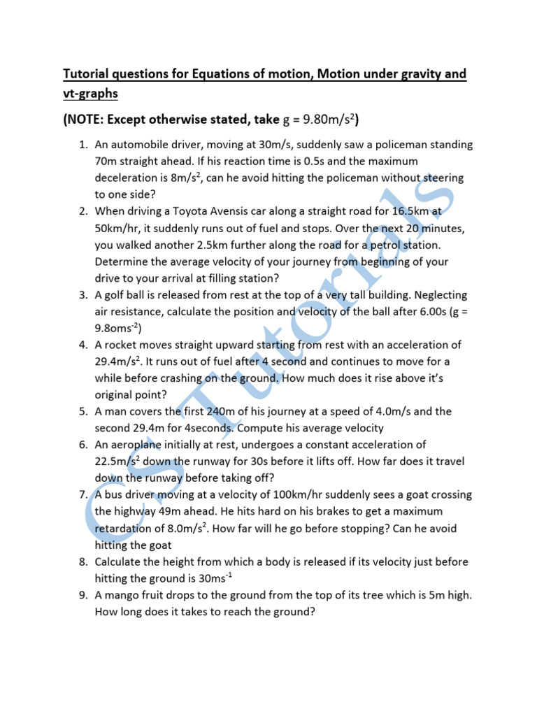 Phy 101 Tq Equations Of Motion Pdf Acceleration Motion Physics