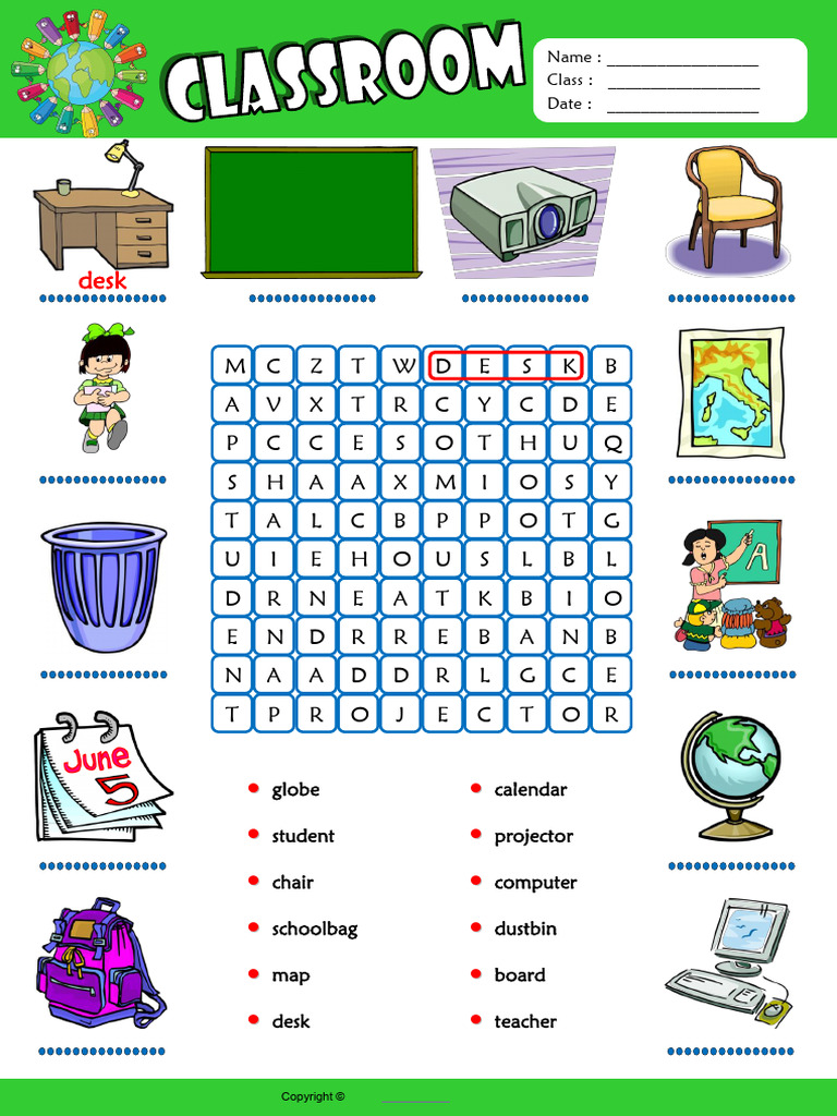 In The Classroom Esl Vocabulary Word Search Worksheet For Kids | PDF