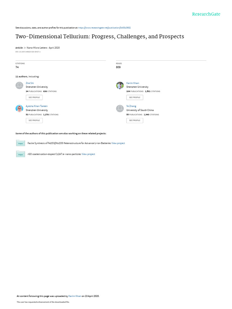 Shi2020 Two DimensionalTellurium.progressChallengesandProspects | PDF ...