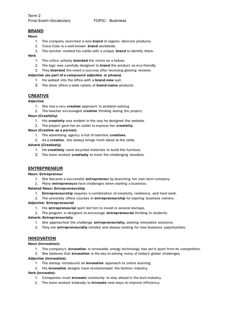 Business Vocabulary for Final Exam | PDF | Entrepreneurship | Adjective