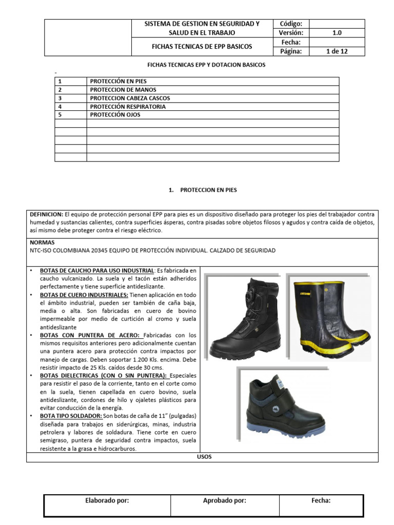 Fichas Tecnicas Epp y Dotacion Basicos | PDF | Guante | Lentes