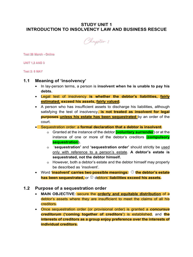UNIT 1 SUMMARY LAW OF INSOLVENCY | PDF | Liquidation | Bankruptcy