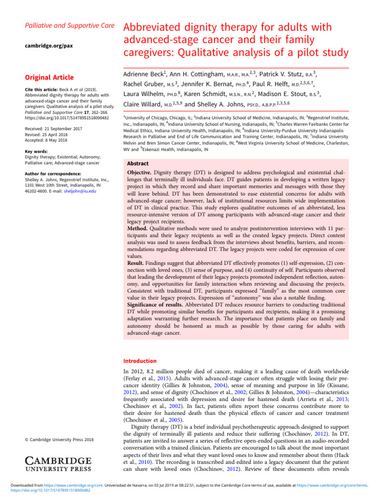 Abbreviated Dignity Therapy For Adults With Advancedstage Cancer and ...
