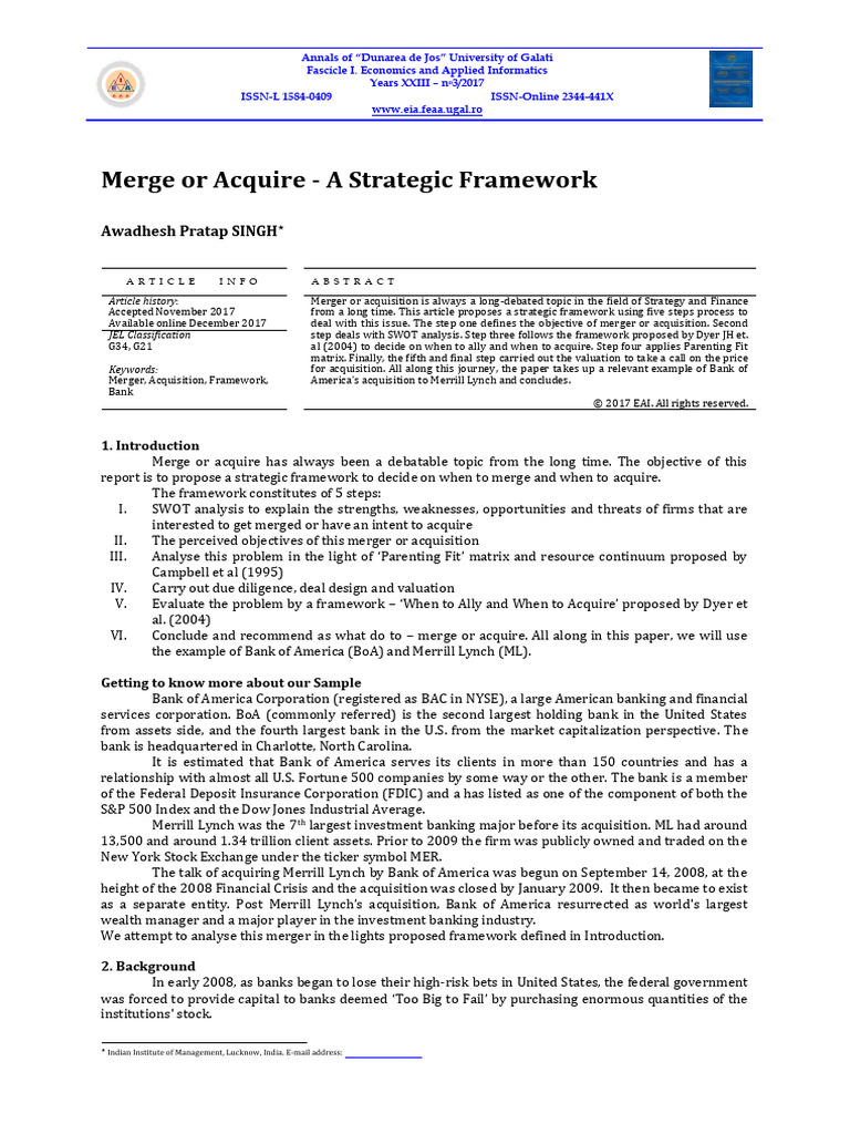 M&A Paper 1 - Strategic Framework | PDF | Mergers And Acquisitions | Bank Of America