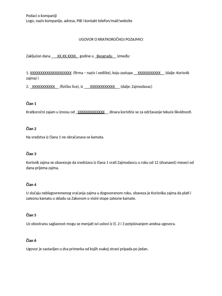 Ugovor o Pozajmici - Primer | PDF