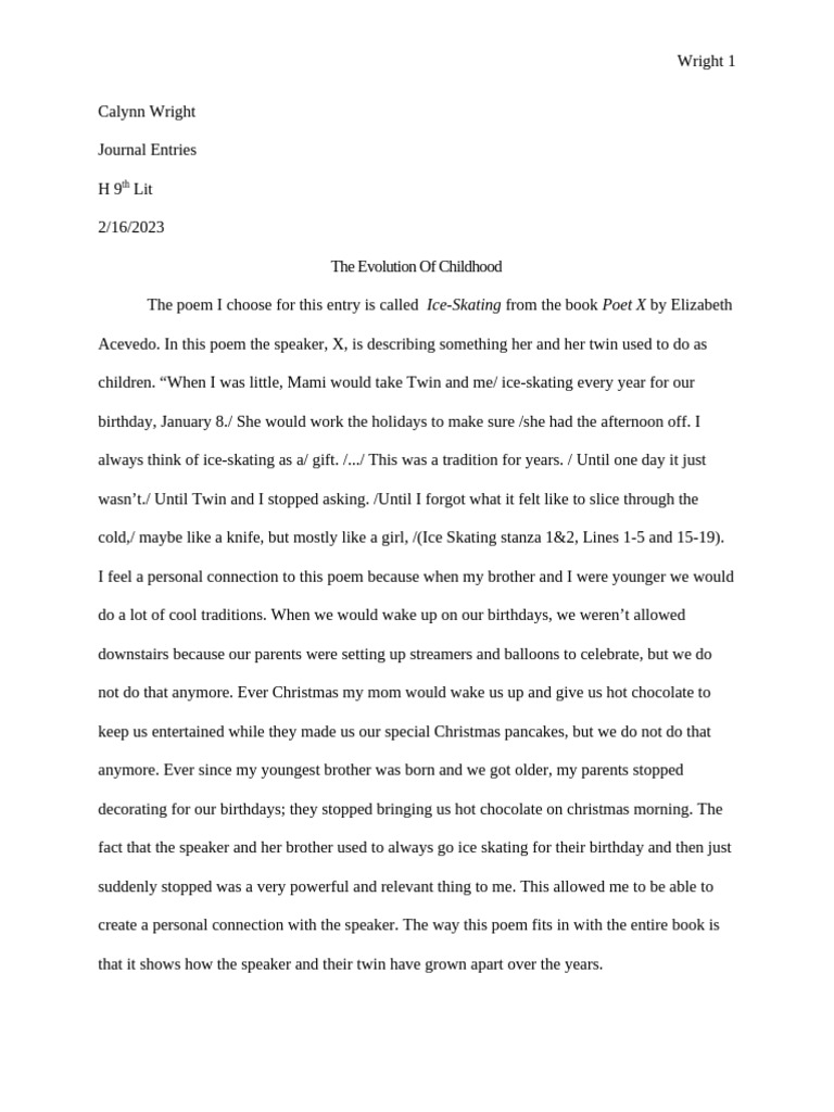 Wright Journal Entries For Poet X 2-16-23 | PDF