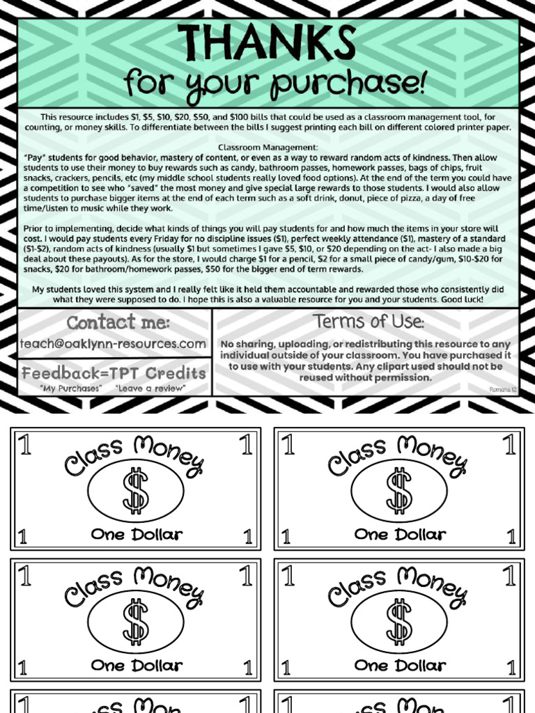 ClassMoneyFreebieClassroomEconomySystem15102050100 1 | PDF