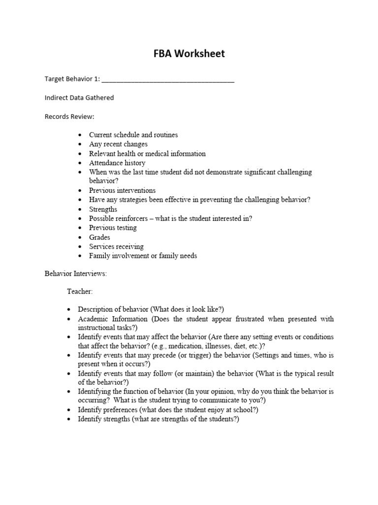 FBA Worksheet: Target Behavior 1: - Indirect Data Gathered Records ...