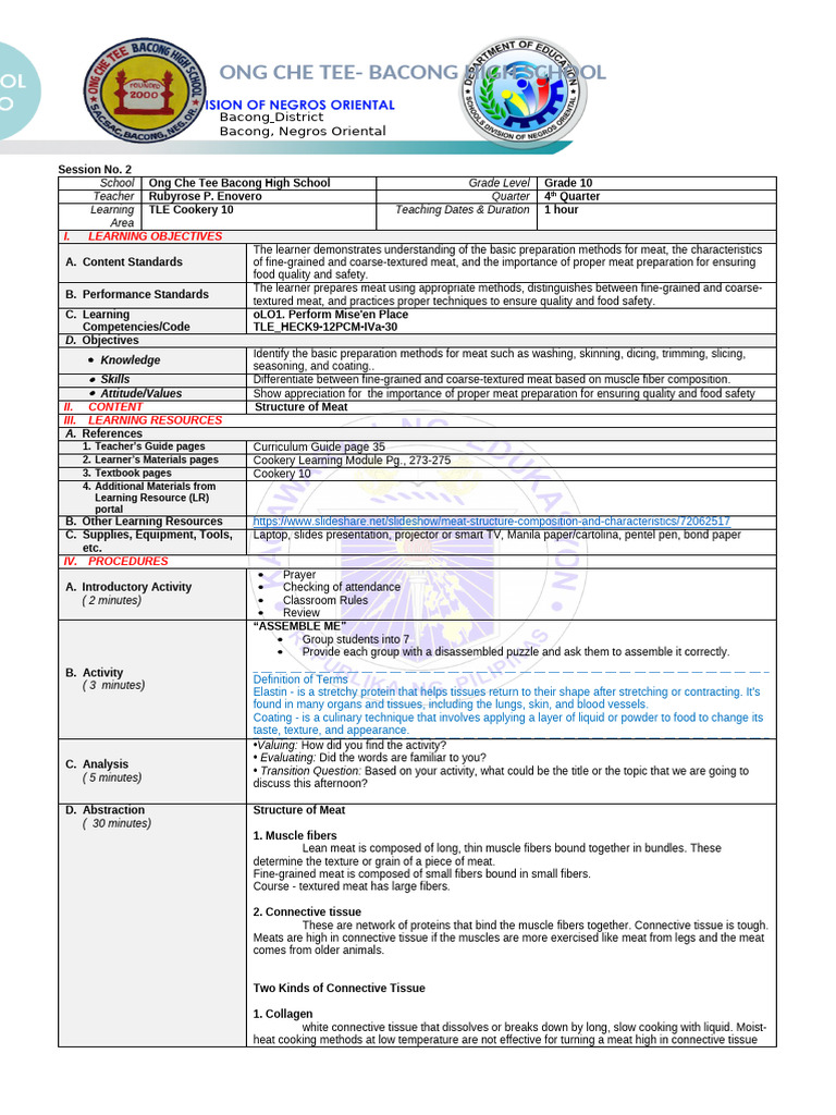 DLP Cookery 10 Session 1 | PDF | Meat | Connective Tissue