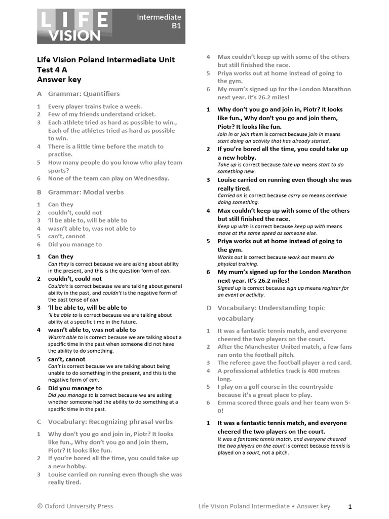 Life Vision Intermediate Unit 4 Test Key | PDF | Association Football ...