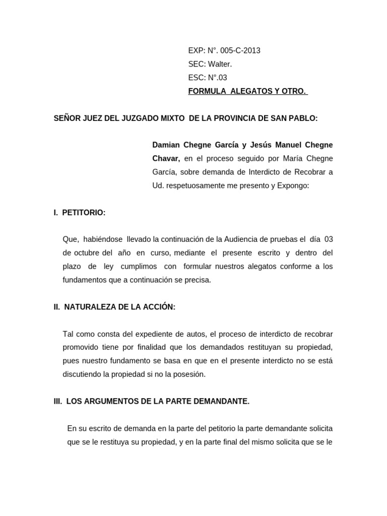 Alegatos en Interdicto de Recobrar | PDF