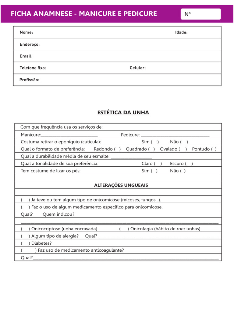 Ficha Anamnese Manicure e Pedicure | PDF