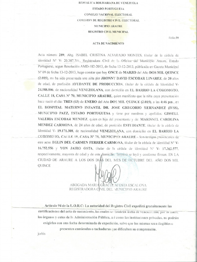 Partida de Nacimiento de Gissell - 250212 - 120322 | PDF