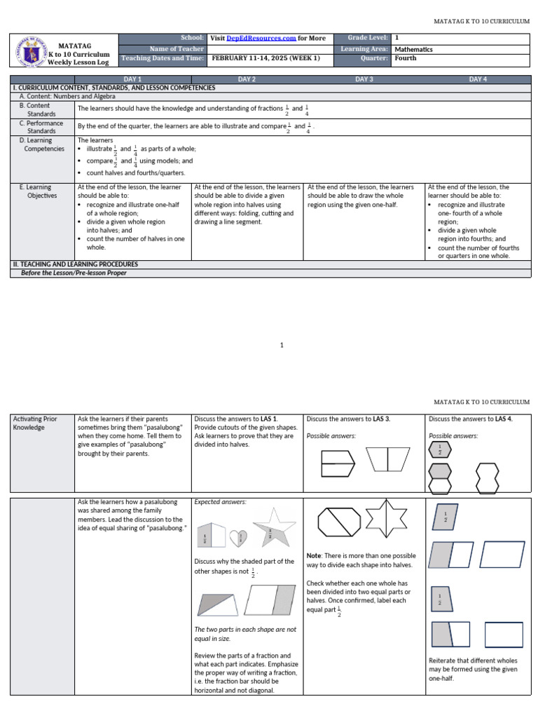DLL MATATAG_MATHEMATICS 1_Q4_W | PDF | Learning | Cognition