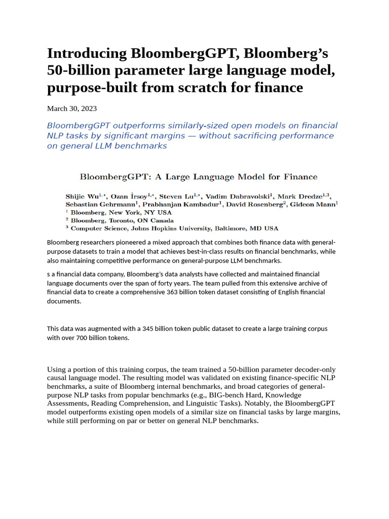 Introducing BloombergGPT | PDF | Artificial Intelligence | Intelligence (AI) & Semantics