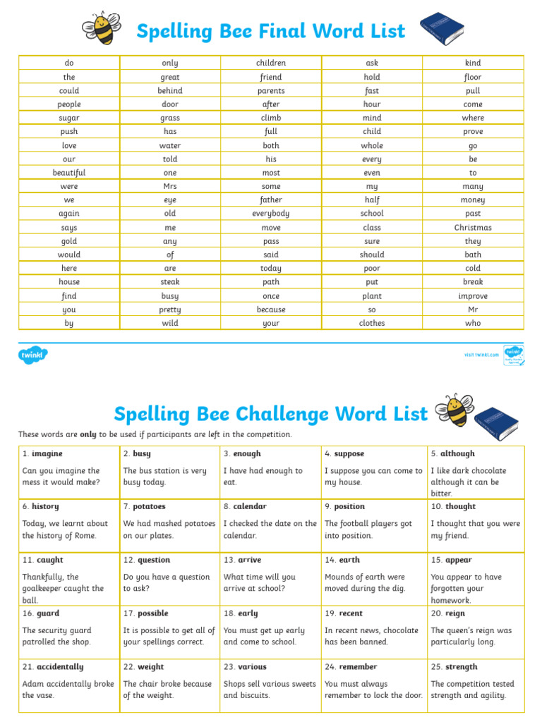 Year 1 and 2 Spelling Bee Final Word List | PDF