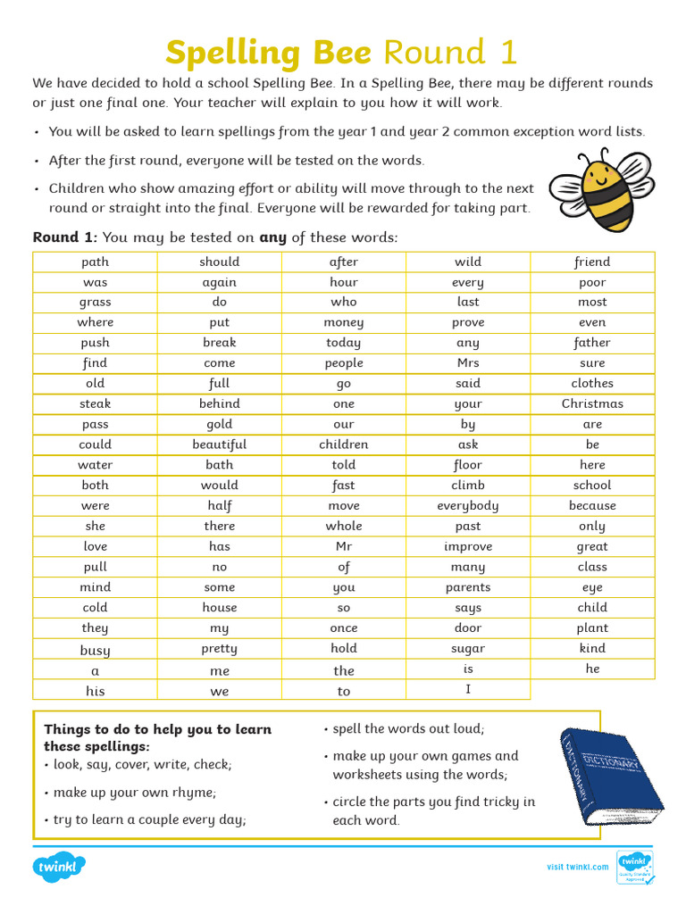 Year 1 and 2 Spelling Bee Round 1 | PDF
