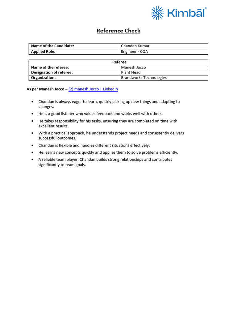 Reference Check - Chandan Kumar - Engineer CQA | PDF