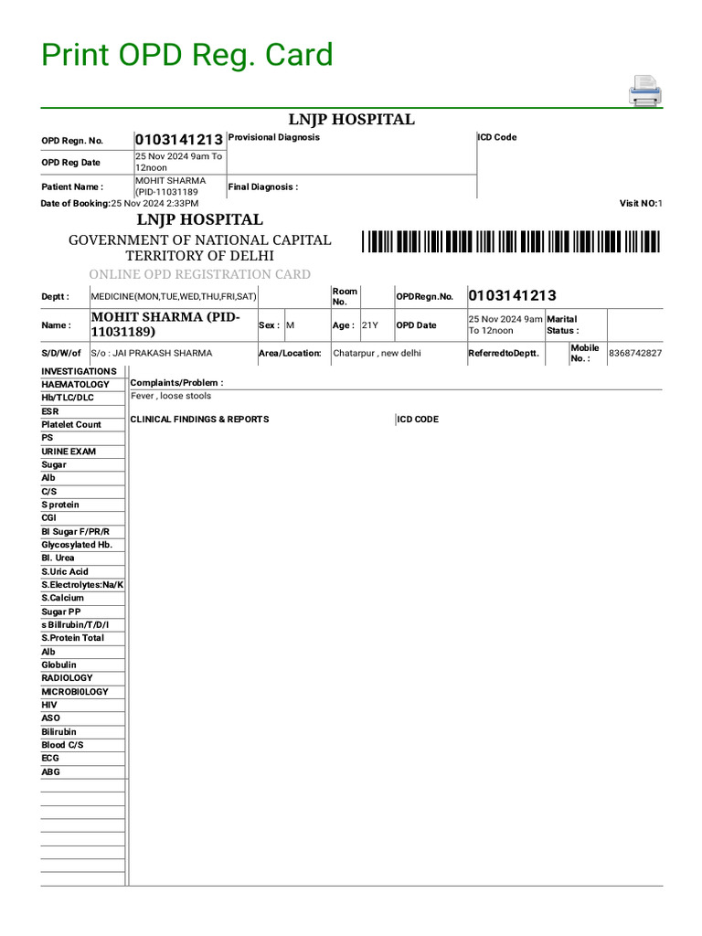 LNJP Hospital OPD Registration Card | PDF