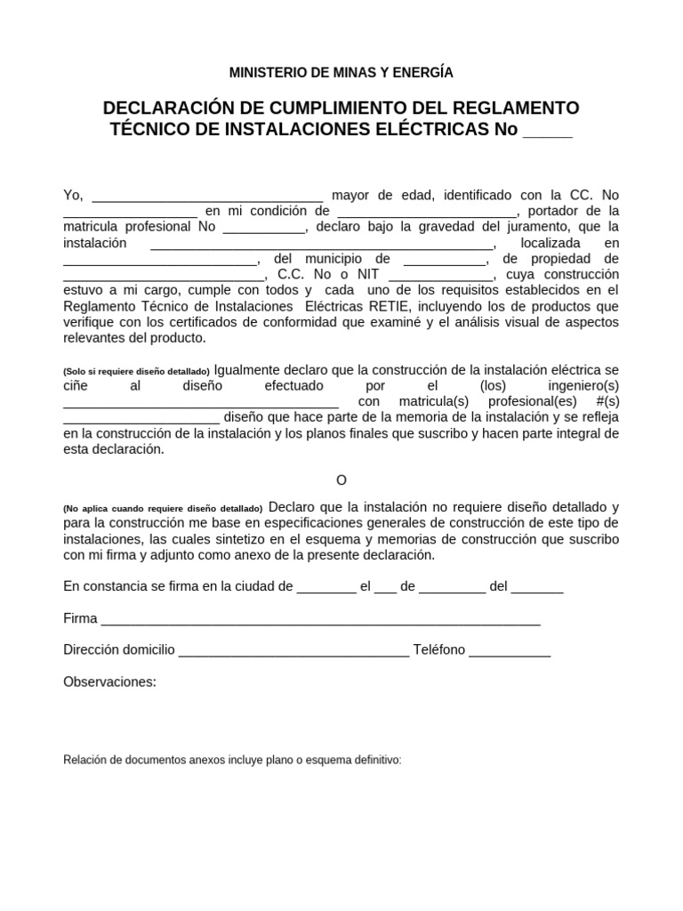 Declaración de Cumplimiento Retie Actualizada | PDF