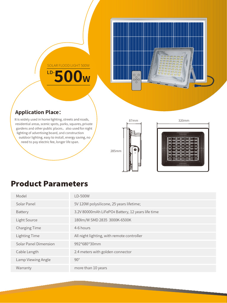 LD-500W Solar Flood Light | PDF | Lighting | Solar Panel