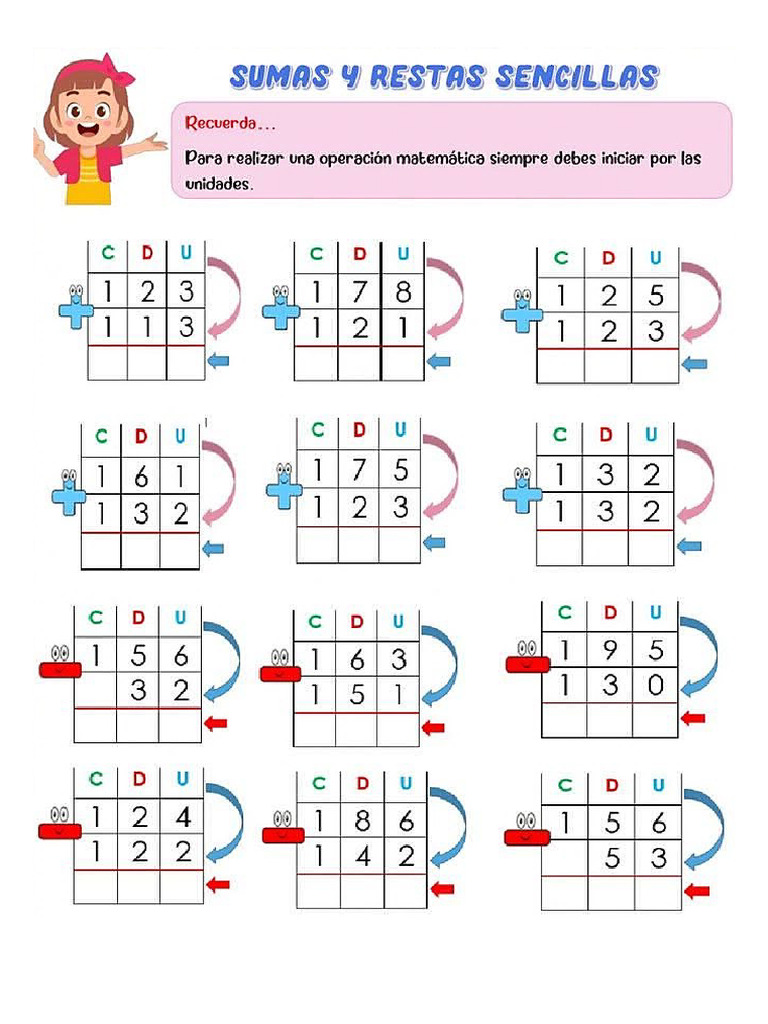 sumas y restas sin reagrupacion | PDF
