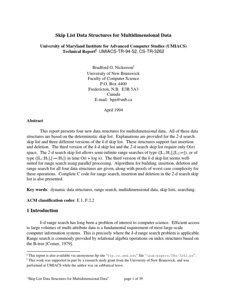 Skip List Data Structures For Multidimensional Data | PDF | Maxima And Minima | Logarithm