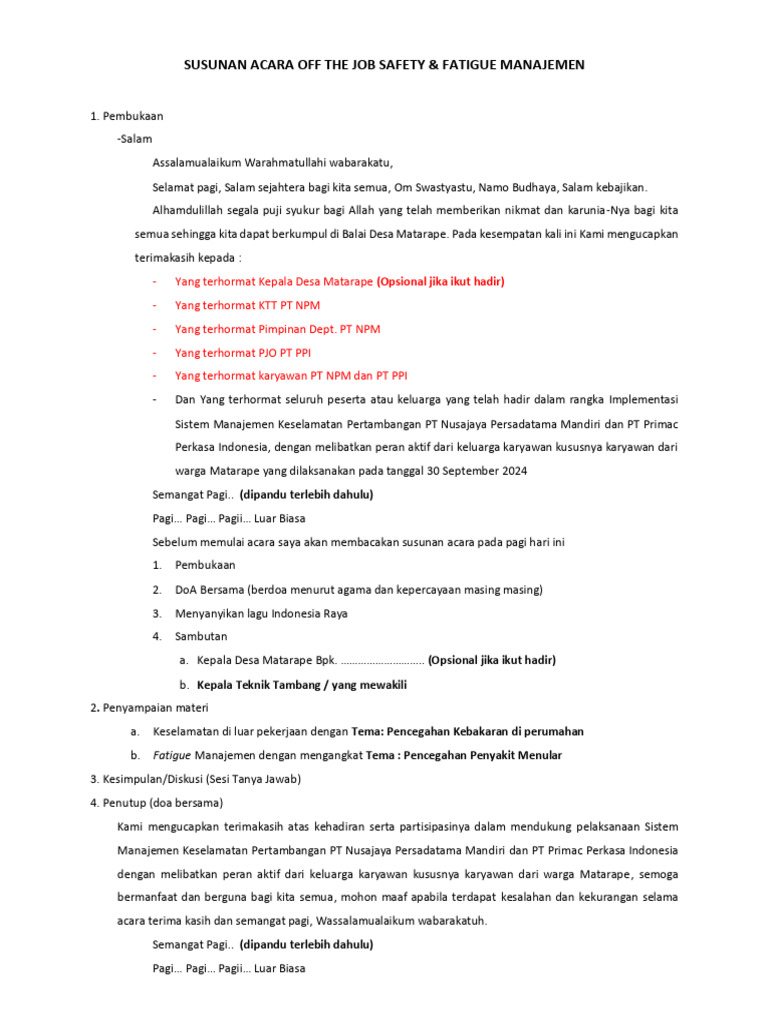 Acara Safety Talk dan Manajemen Fatigue | PDF