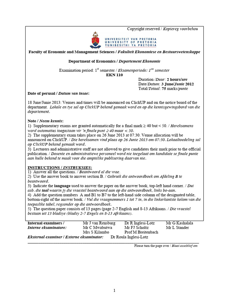 2013 Exam Memo | PDF | Economic Equilibrium | Demand