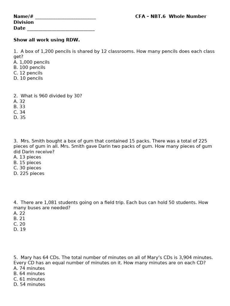 Whole Number Division Practice Problems | PDF