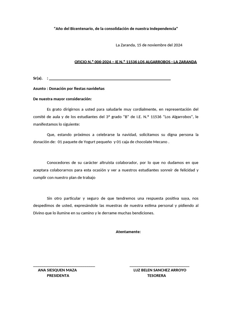 oficio de donacion 3ero | PDF