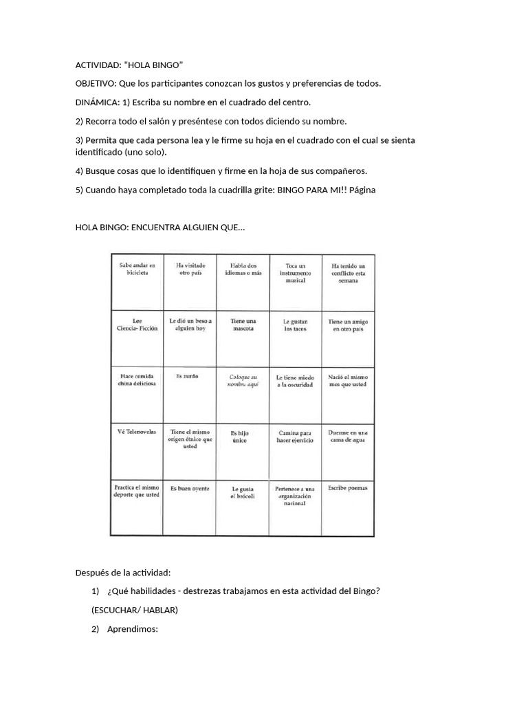 Actividad "Hola Bingo": Conociendo Gustos | PDF