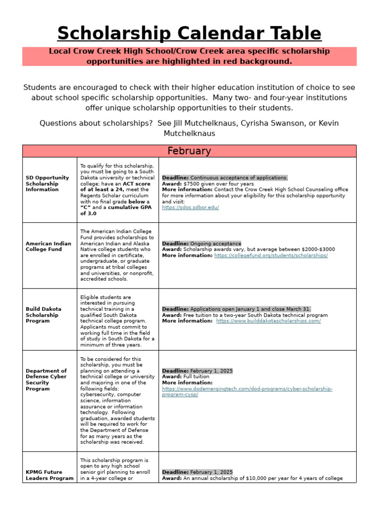 Scholarship Calendar Table | PDF | Native Americans In The United ...