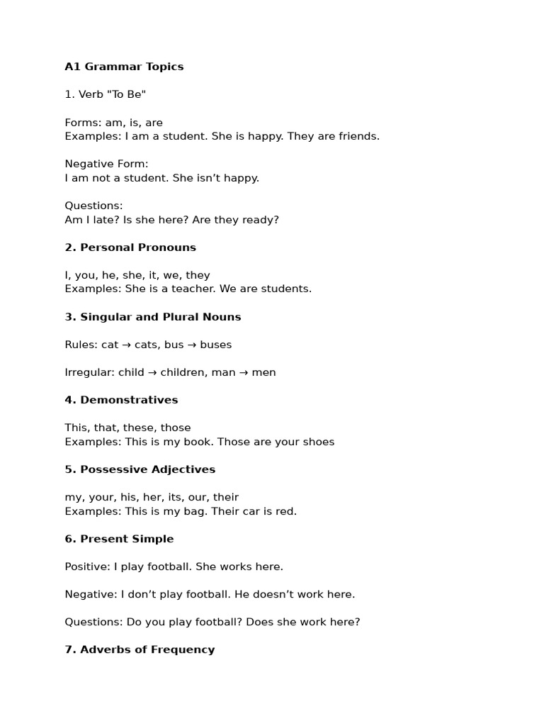A1 Grammar Topics For The Program of The Support Group | PDF