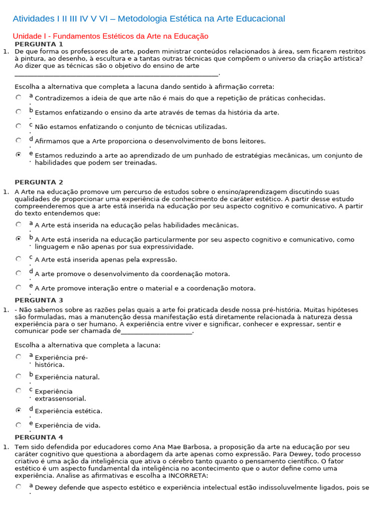 Atividade Mod I II III IV V VI Metodologia Do Ensino Da Arte | PDF | Pedagogia | Aprendizado