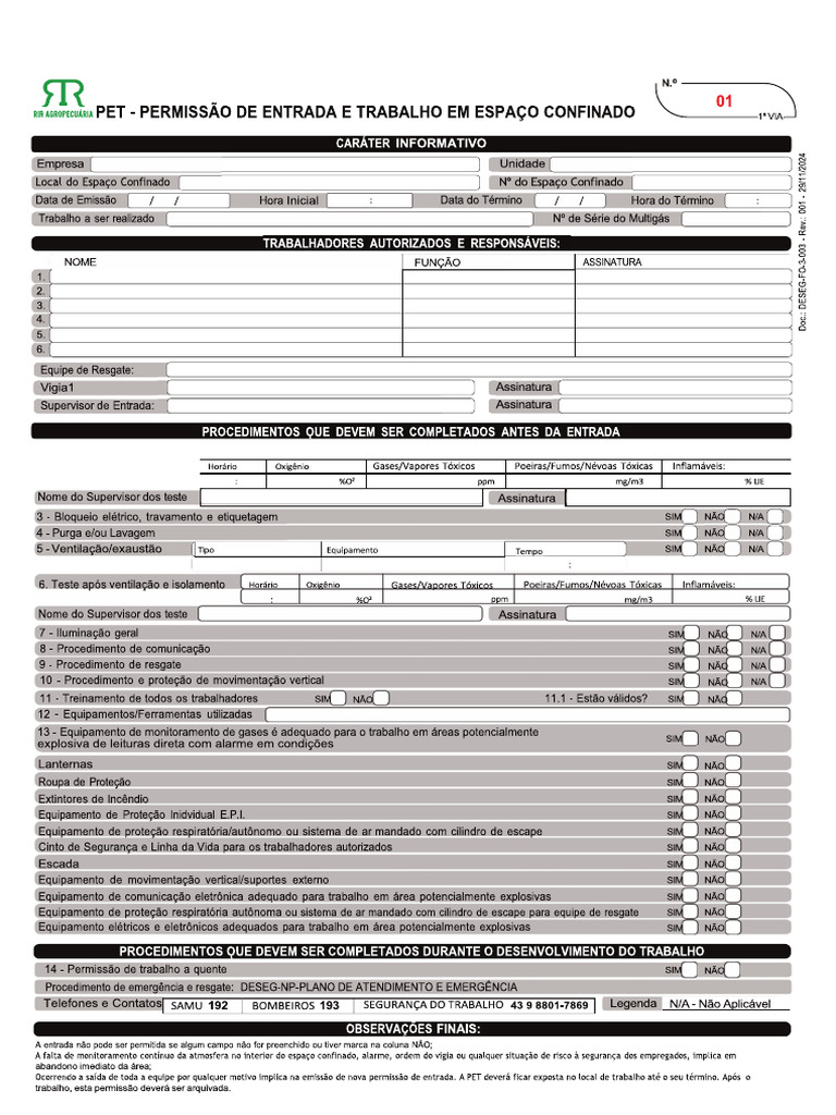 Pet - Permissão de Entrada e Trabalho em Epaço Confinado | PDF