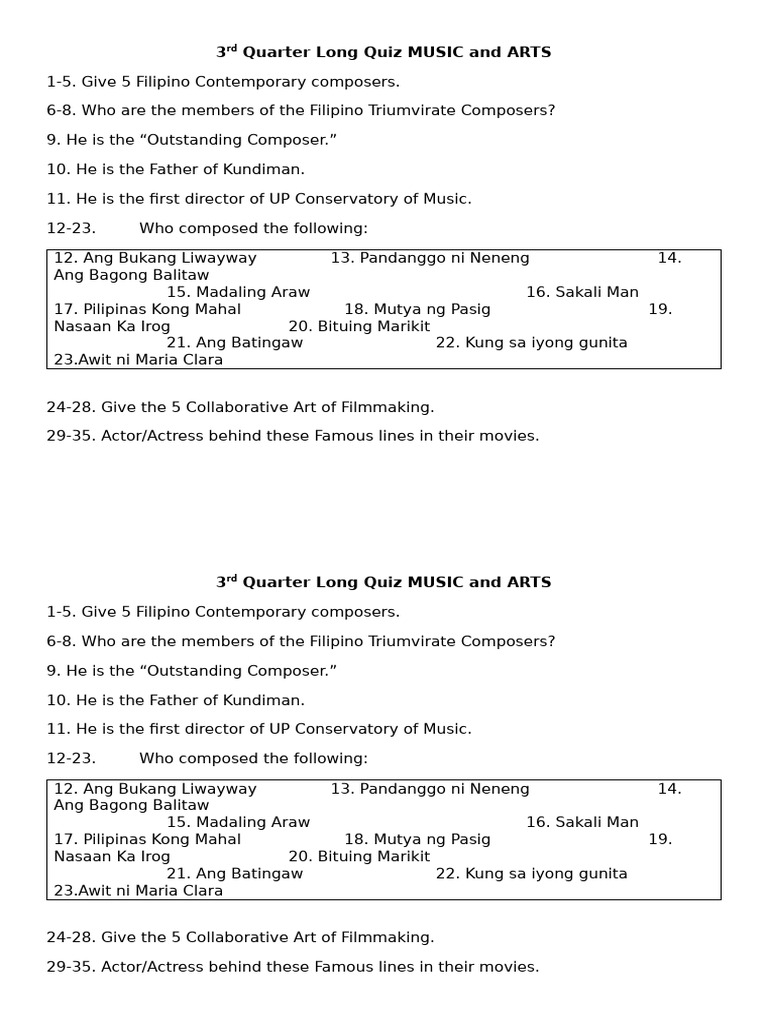 Filipino Music and Arts Quiz Guide | PDF