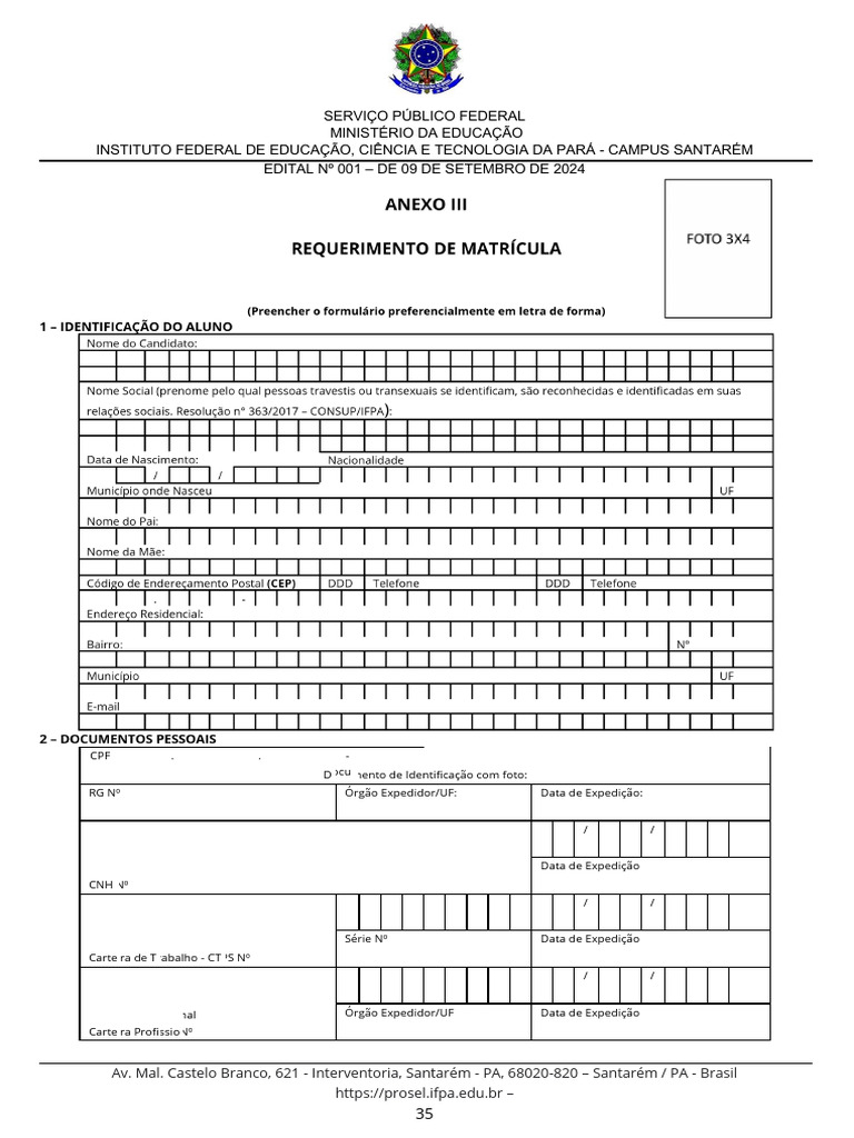 Anexo III - Requerimento de Matrícula | PDF